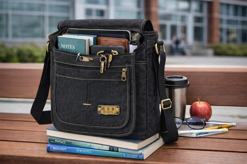 Black Messenger Shoulder Bag | Crossbody Bag with Zip